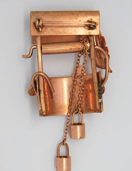 Longcraft Copper & Enamel Mechanical Wishing Well Vintage Figural Broo ...